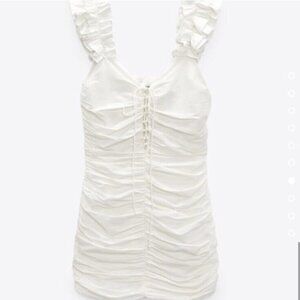 Zara | Dresses | Zara White Ruffle Sleeve Linen Blend Mini Ruched Dress ...